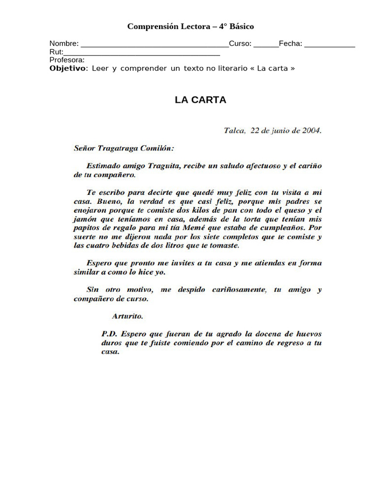 Comprensión Lectora: La Carta 4° Básico | PDF