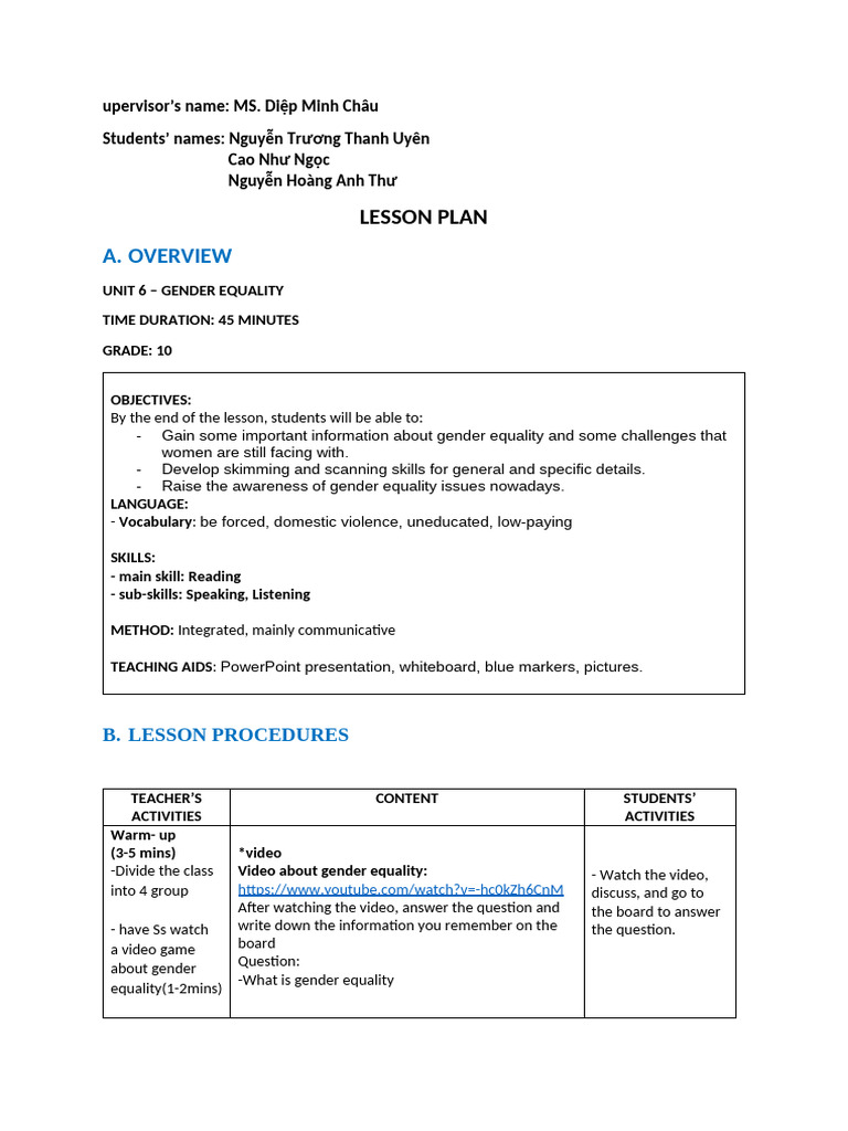 Gender Equality Lesson Plan for Grade 10 | PDF | Human Communication