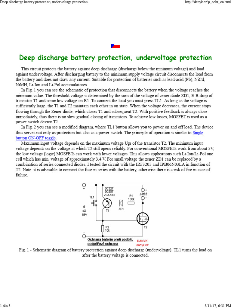 Deep Discharge Battery Protection Circuit | PDF | Mosfet | Electronic ...
