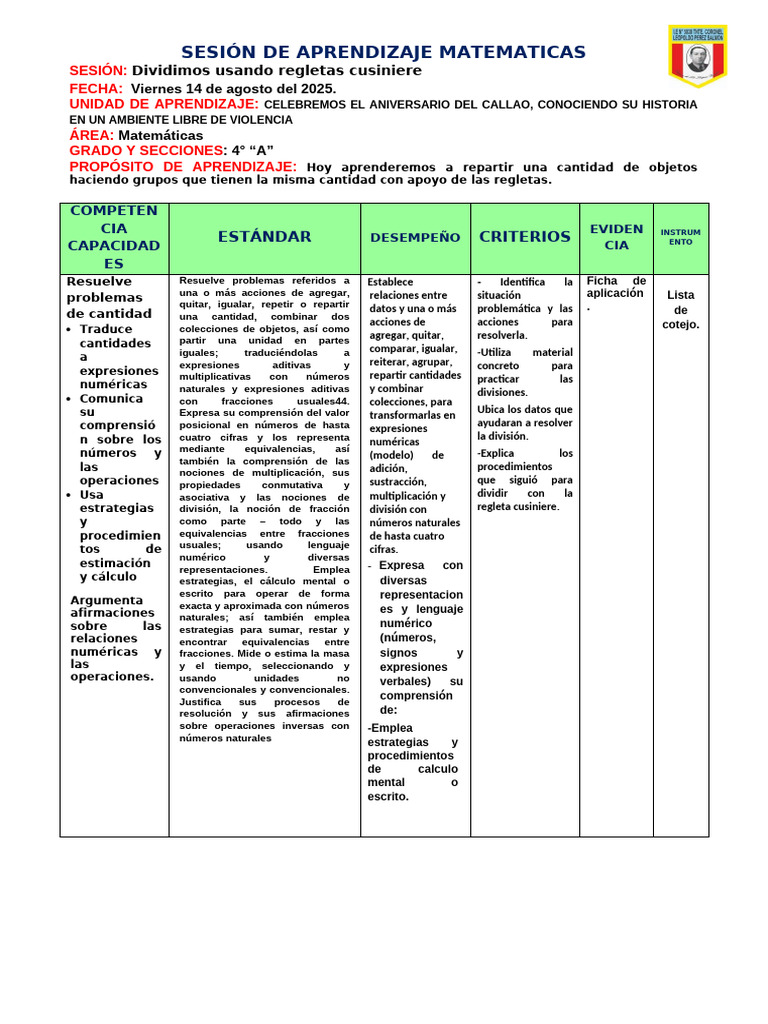SESIÓN DE APRENDIZAJE MATEMATICAS Division Con Regletas | PDF | División (Matemáticas) | Sustracción