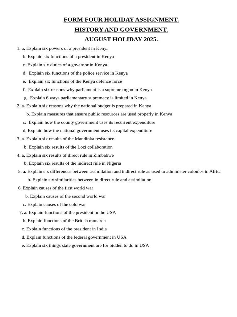 Form Four Holiday Assignment History and Goverment | PDF