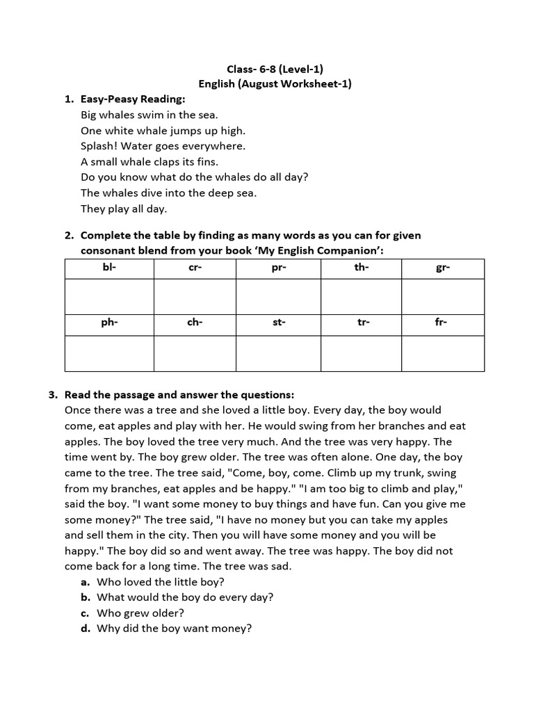 August English Worksheet for Grades 6-8 | PDF