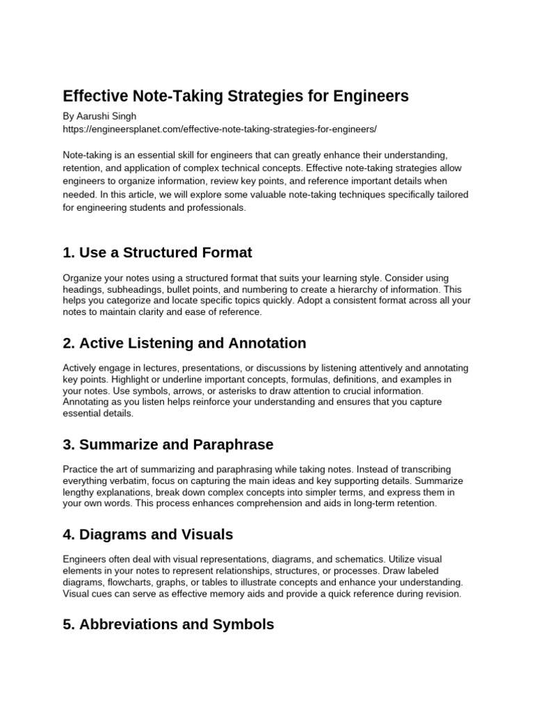 Effective Note-Taking Strategies For Engineers | PDF | Concept | Learning