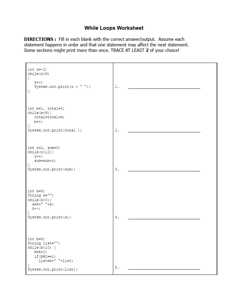 While Loops Worksheet | PDF