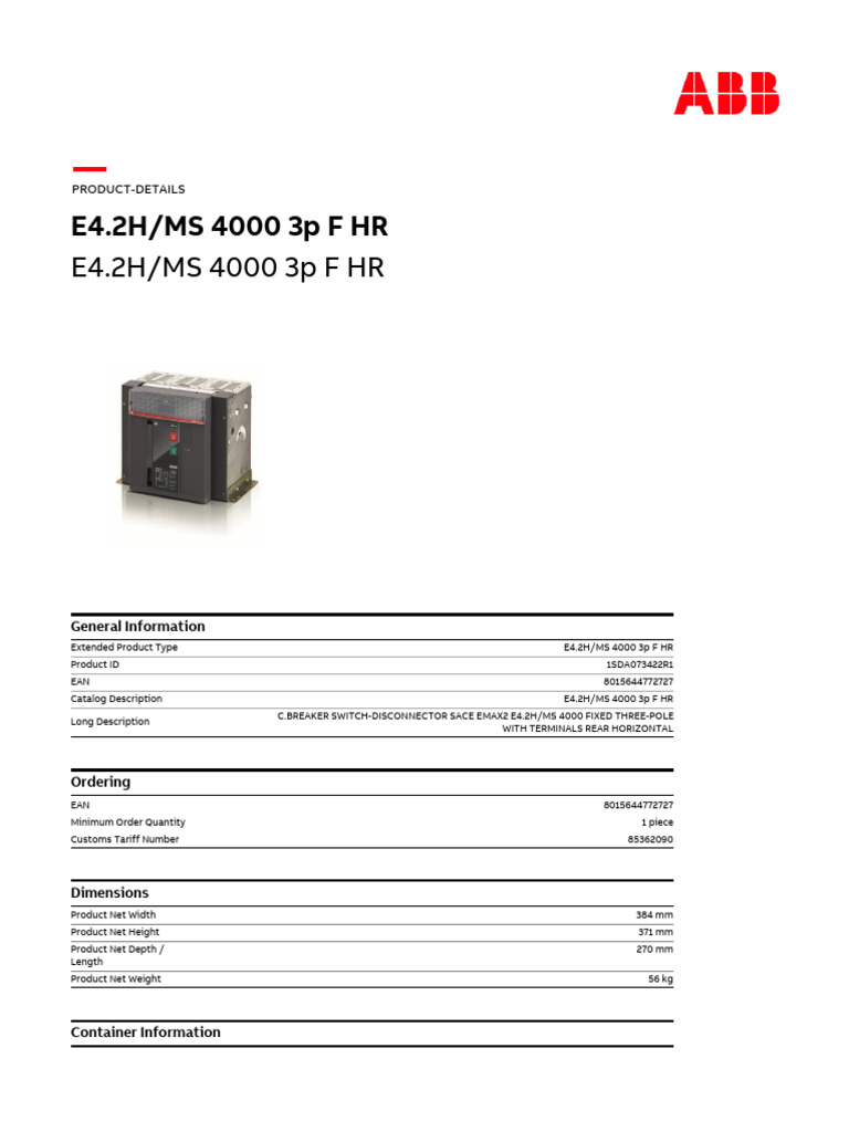Abb E4.2h 4000 4000a 3p Acb Breaker | PDF