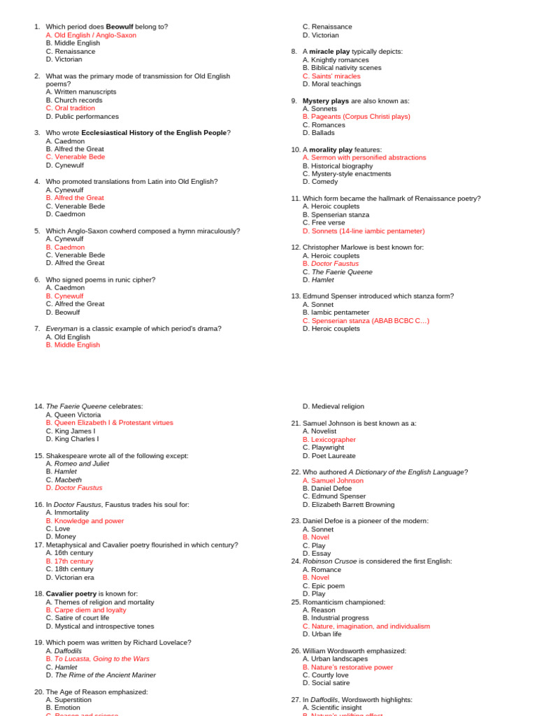 Beowulf and Anglo-Saxon Literature Quiz | PDF | Deities | Romanticism