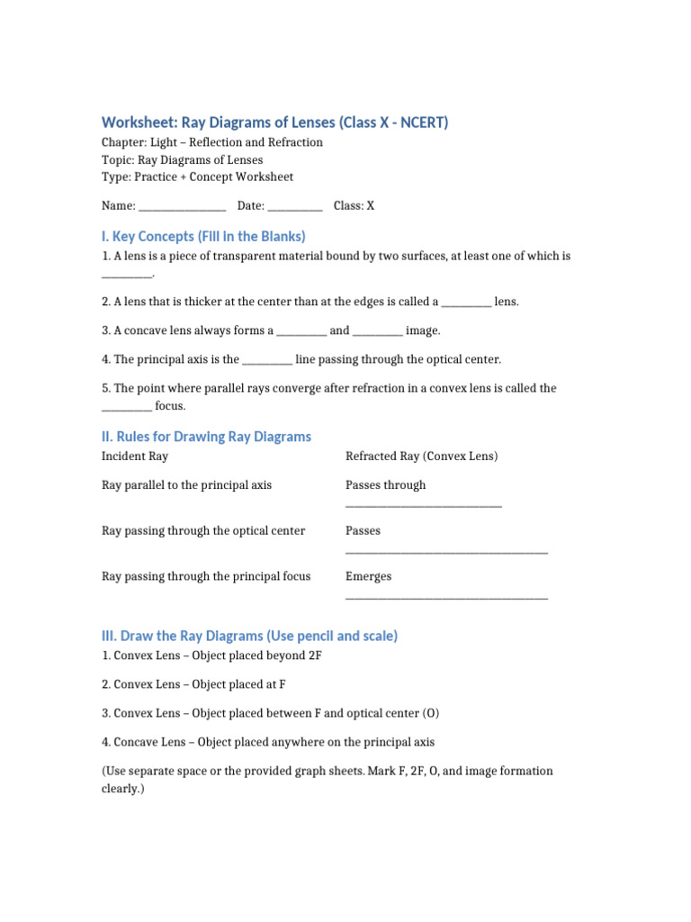 Ray Diagrams Lenses Worksheet Class X | PDF | Optics | Light