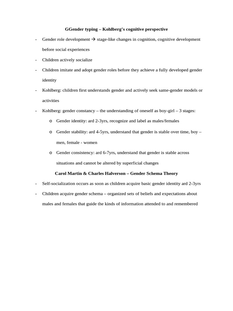 Gender Role - Kohlberg and Gender Schema Theory | PDF