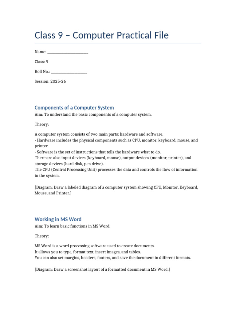 Class 9 Computer Practical File With Diagrams | PDF | Microsoft Word | Computer Hardware
