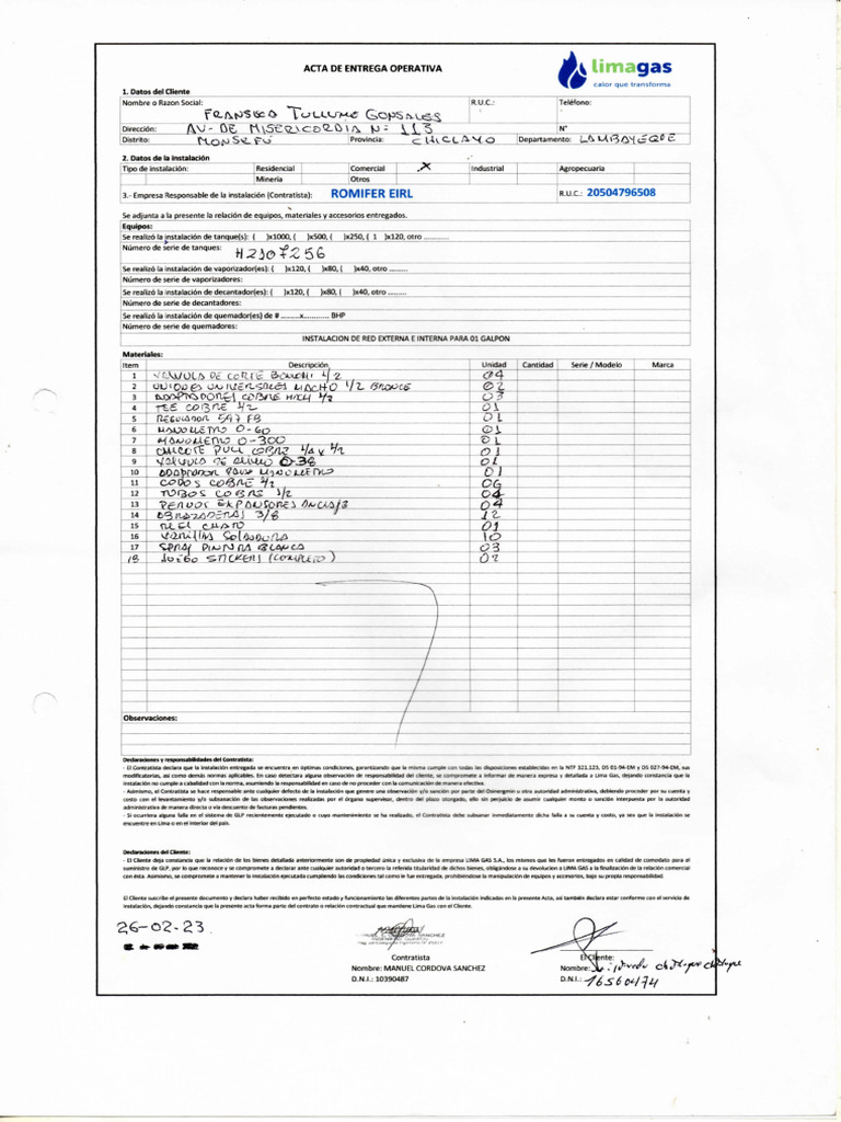 Acta Entrega Operativa Panaderia Chafloque Monsefu001 | PDF