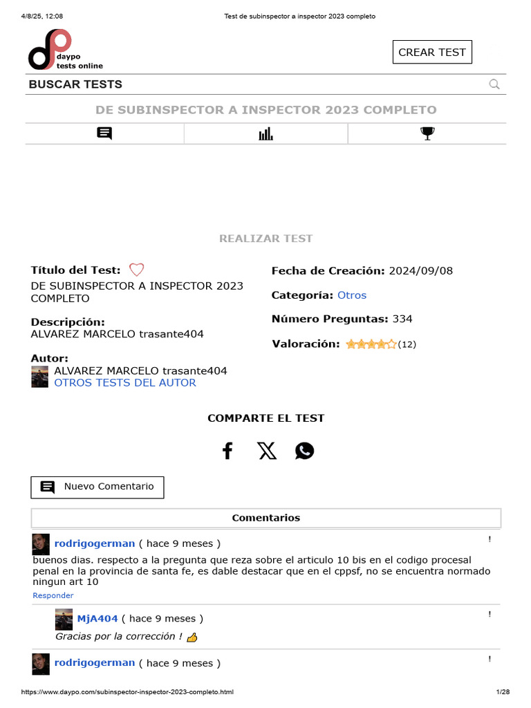 Test Subinspector a Inspector 2023 | PDF | Homicidio | Policía