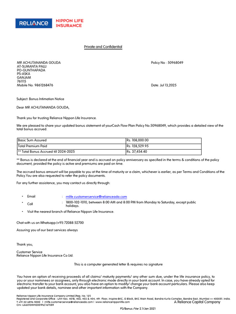 Private and Confidential: PS/Bonus /ver 2.1/jan 2021 | PDF | Life ...