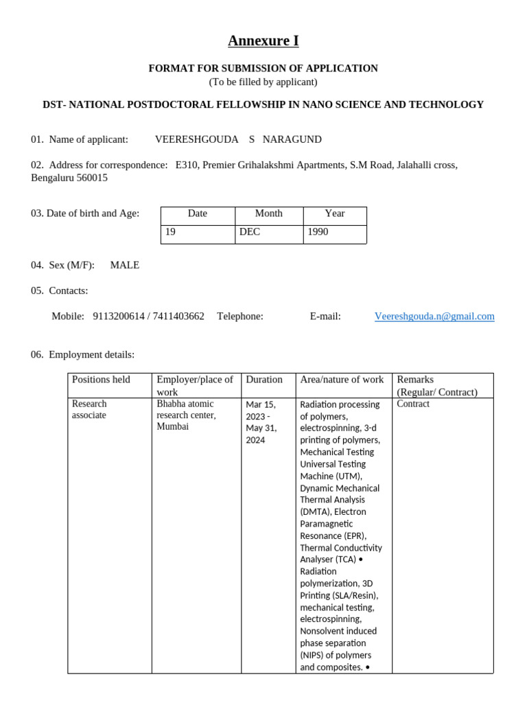 Application for DST Fellowship at Jalahalli | PDF | Thesis | Filtration