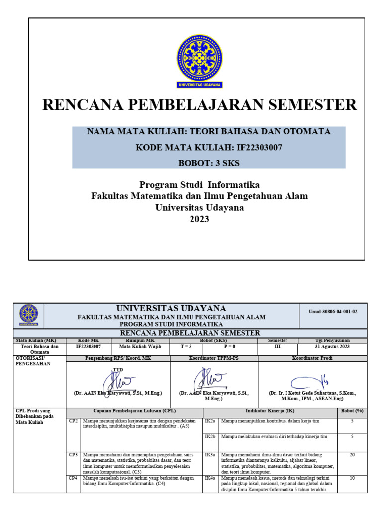 Rencana Pembelajaran Teori Bahasa Otomata | PDF