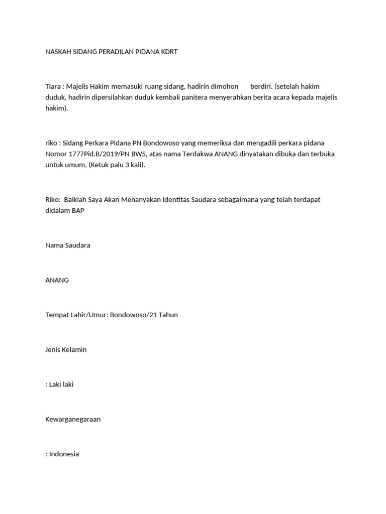 Contoh Naskah Sidang Peradilan Pidana KDRT | PDF