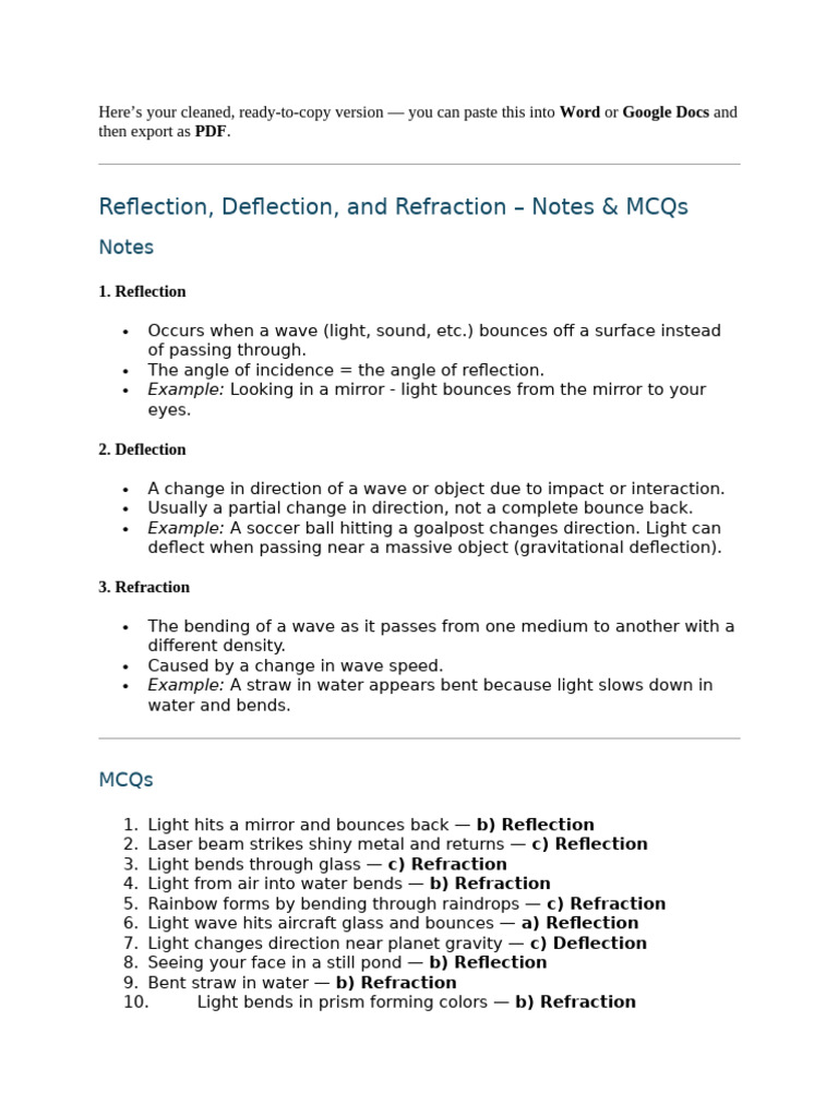 Reflection, Deflection, Refraction Notes | PDF | Refraction ...