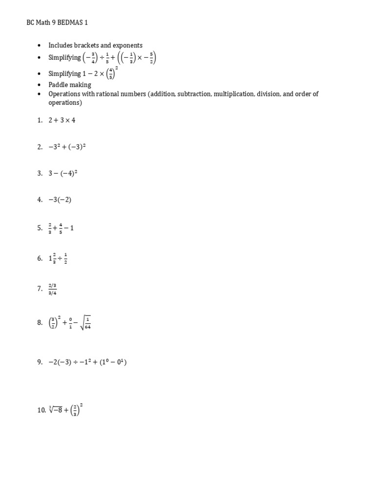 BC Math 9: BEDMAS & Rational Numbers | PDF