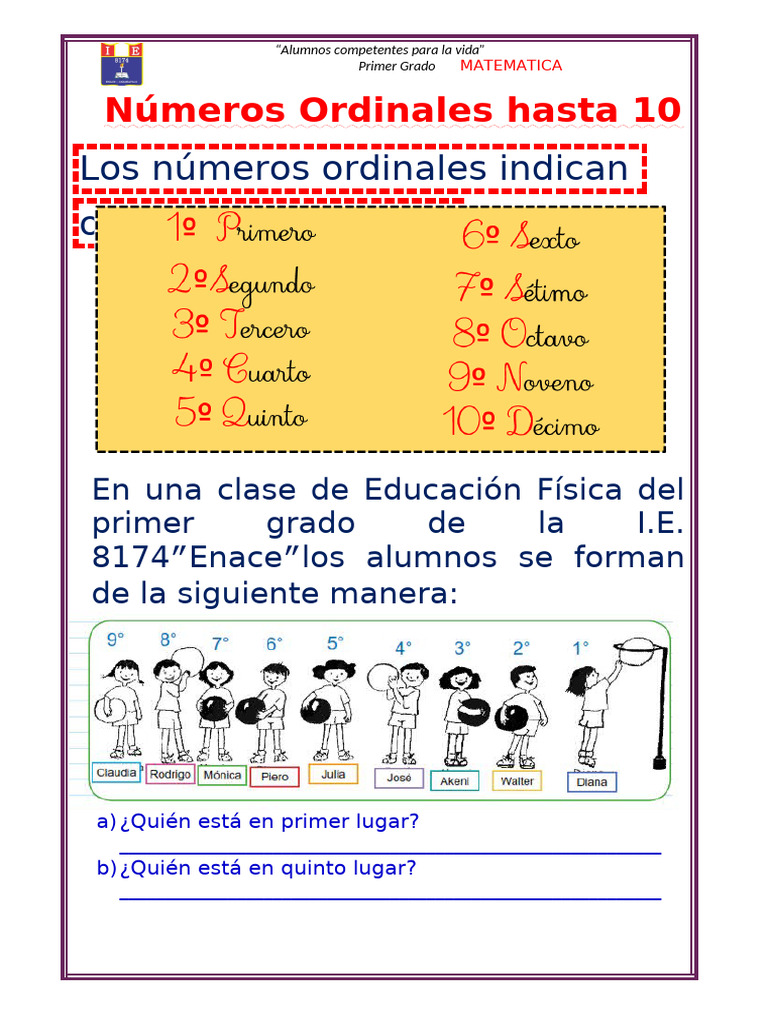 Números Ordinales Hasta 10 Estudiante | PDF