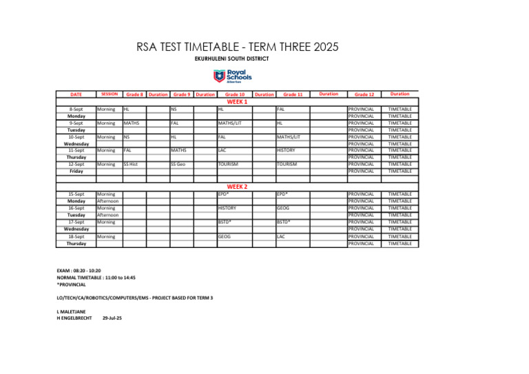 Term 3 Assessment Timetable | PDF