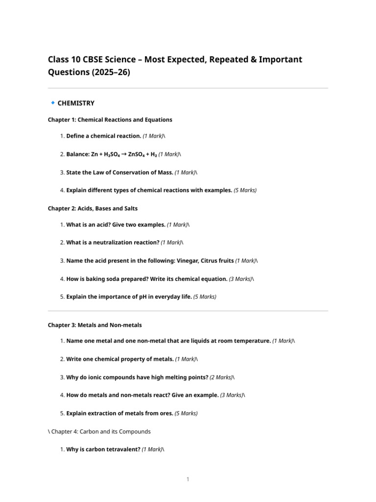 Science Imp Questions Class X | PDF | Chemical Substances | Chemistry