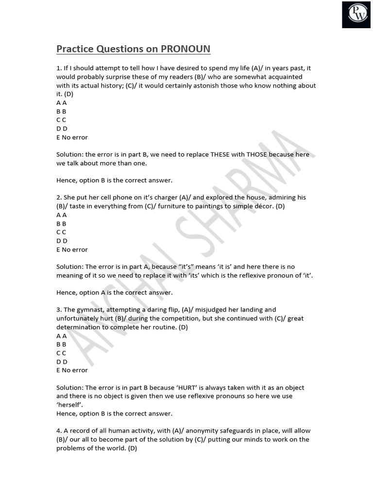 Pronoun Error Correction Practice | PDF | Grammatical Number ...