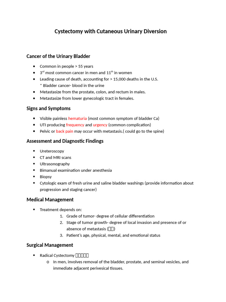 Cystectomy and Urinary Diversion Guide | PDF | Urinary System | Metastasis