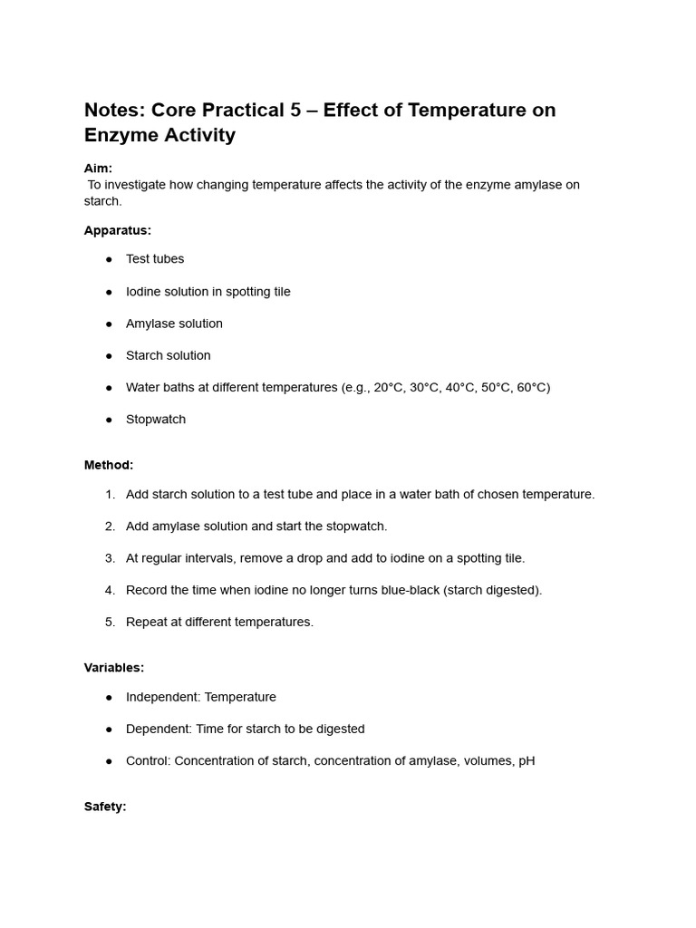 Notes - Core Practical 5 - Effect of Temperature On Enzyme Activity | PDF