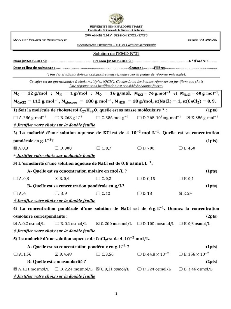 QCM Corrigé Biophysique | PDF