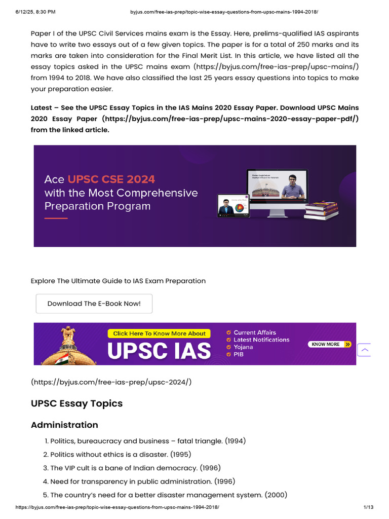 Free Ias Prep - Topic Wise Essay Questions From Upsc Mains 1994 2018 ...