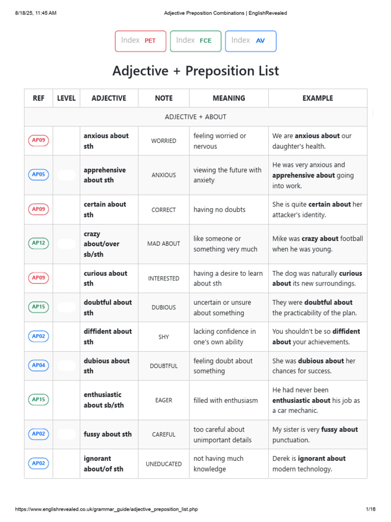 Adjective-Preposition Combinations | PDF