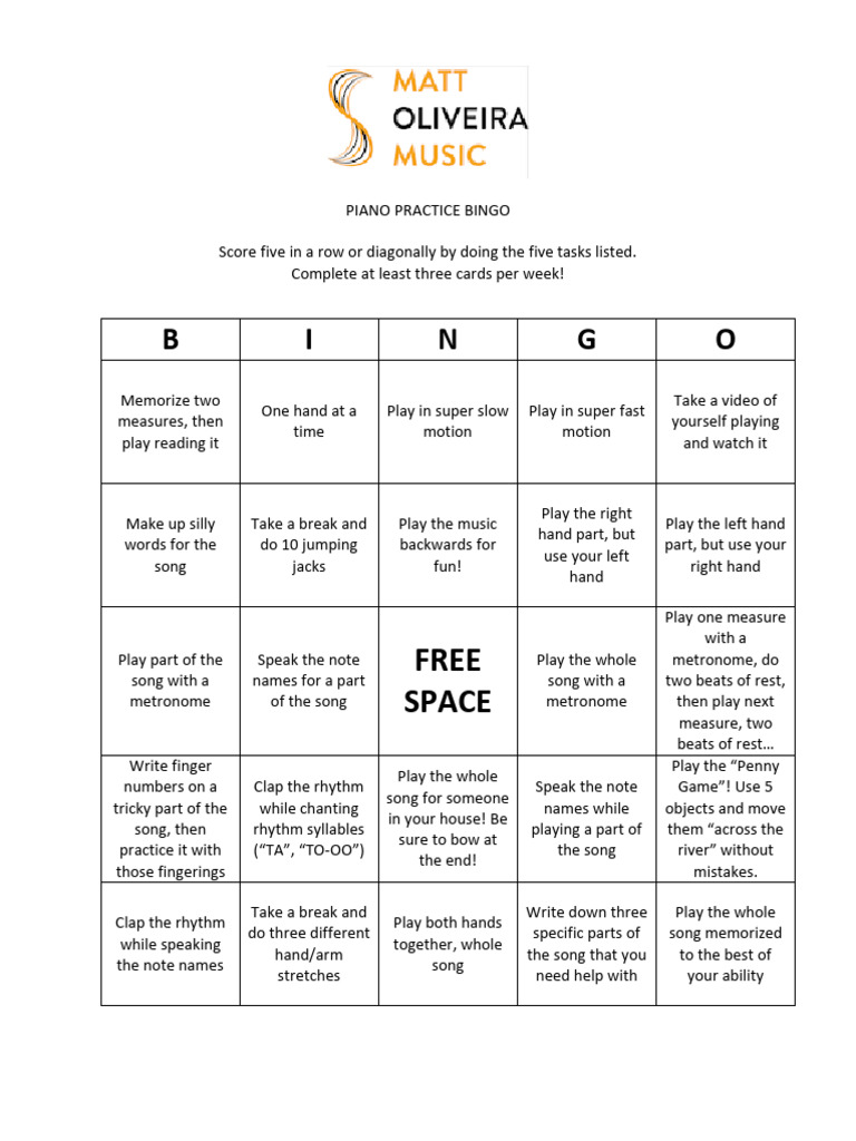 Piano Practice Bingo Activities | PDF | Rhythm | Poetics