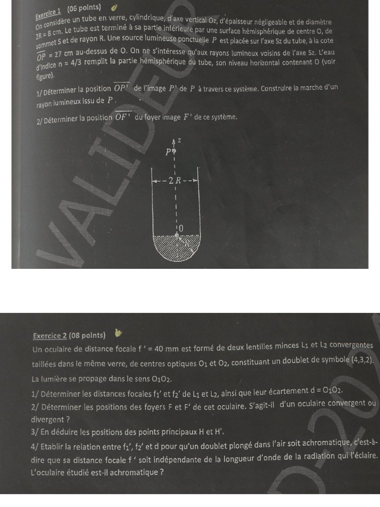 Examen Optique (2024) Corriger D'exo 1+2 | PDF