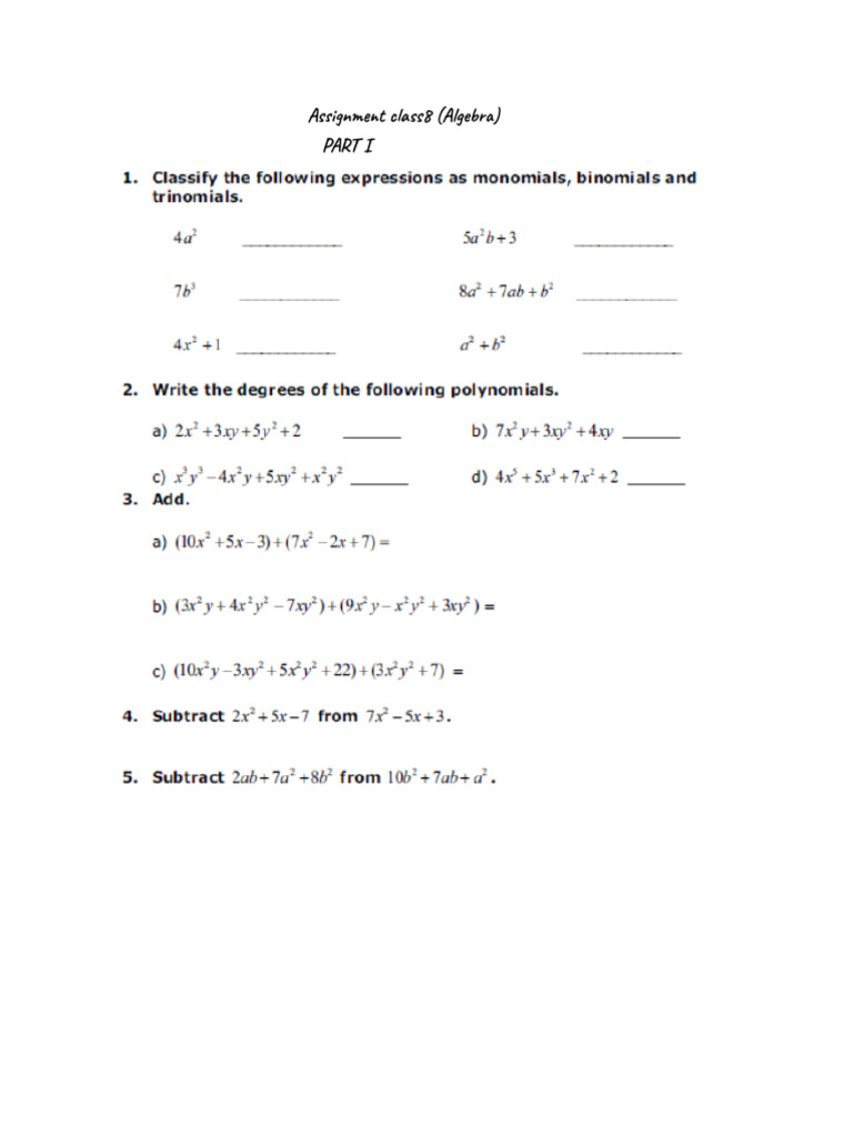 Assignment Class8 (Algebra) | PDF
