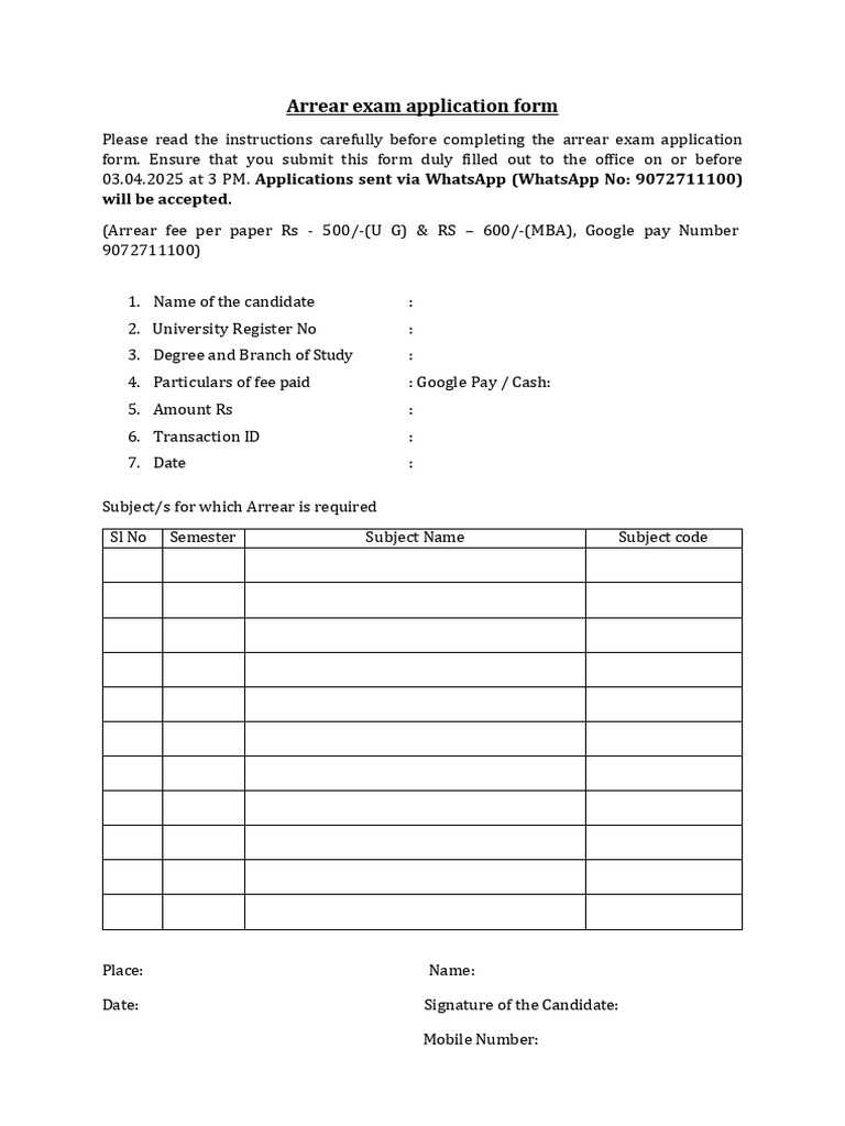 Application For Arrear Examination April 2025 | PDF