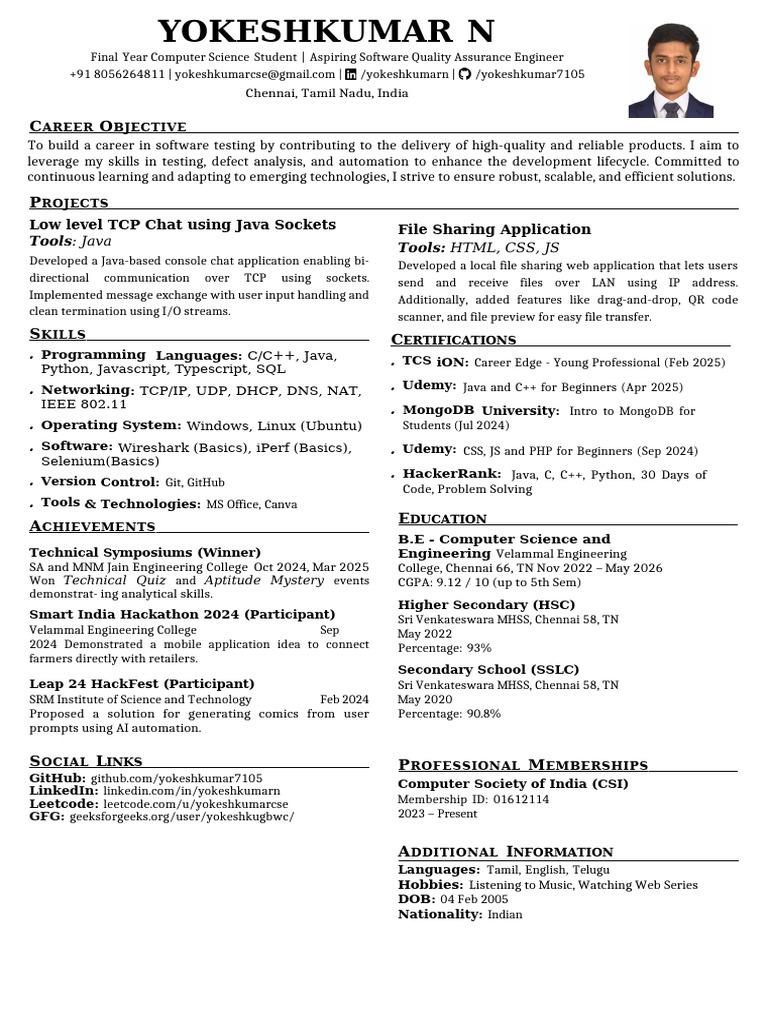Yokeshkumar N Resume Embed Ur | PDF | Transmission Control Protocol ...