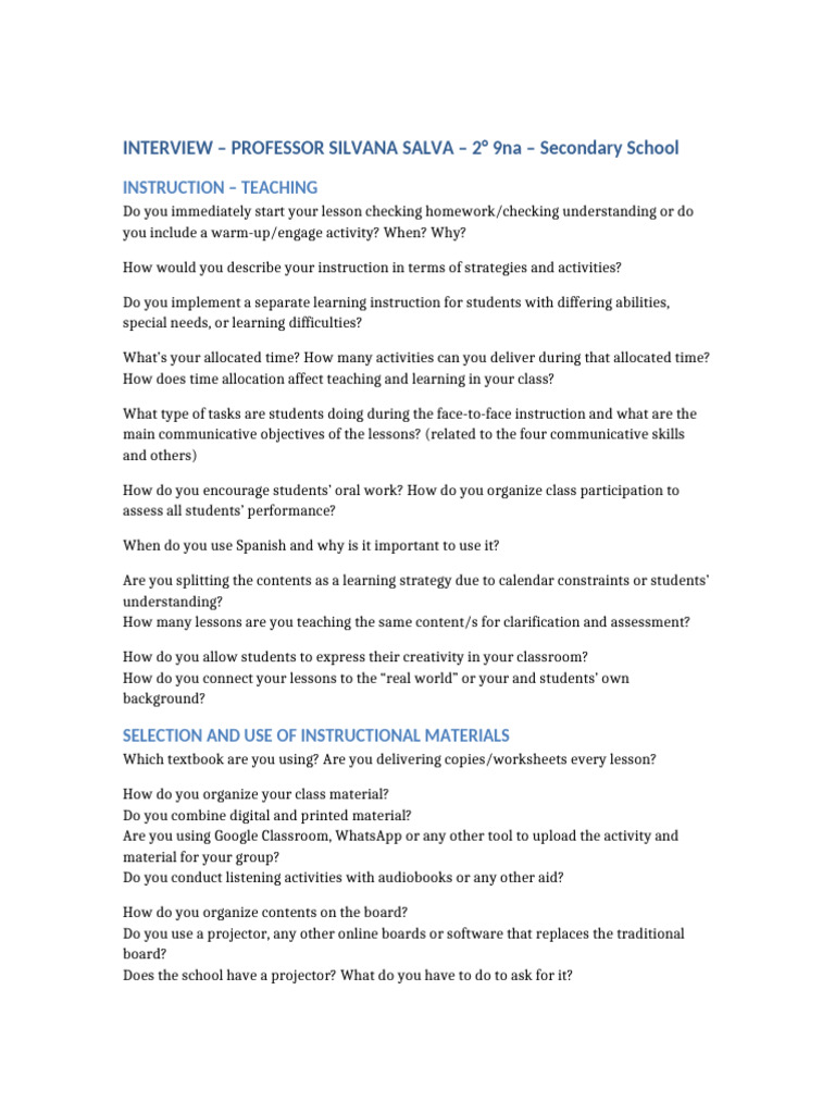 Interview Questions Silvana Salva | PDF | Education Theory | Behavior Modification