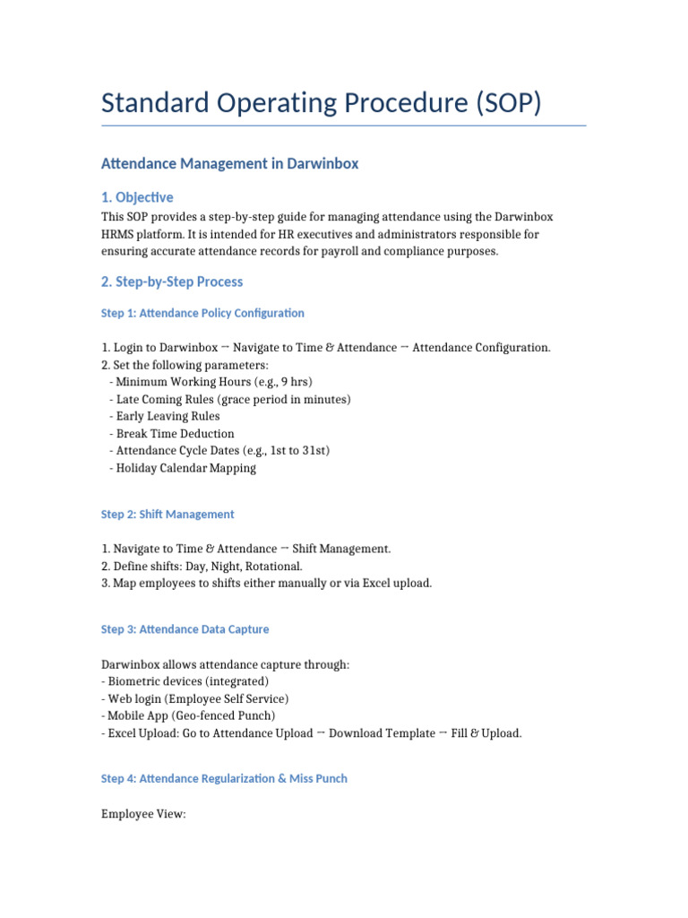 Darwinbox Attendance Management SOP | PDF