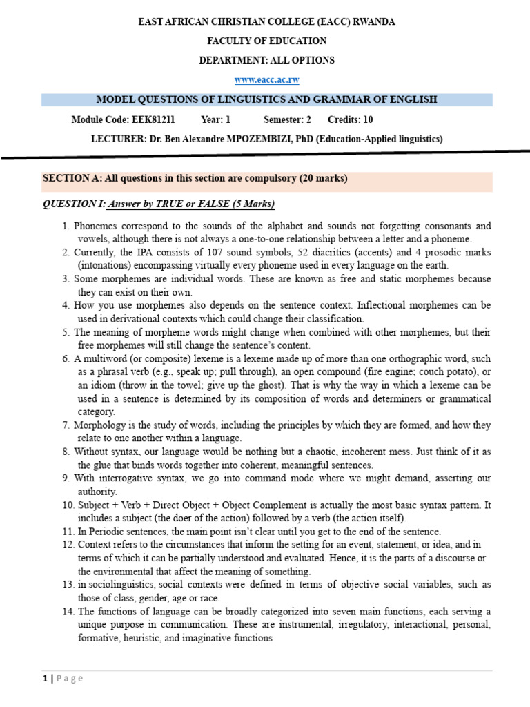 Linguistics and Grammar Model Questions | PDF | Word | Semantics