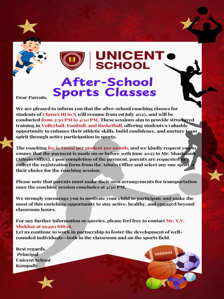After-School Sports Classes: Classes III To X From 3:30 PM To 4:30 PM ...