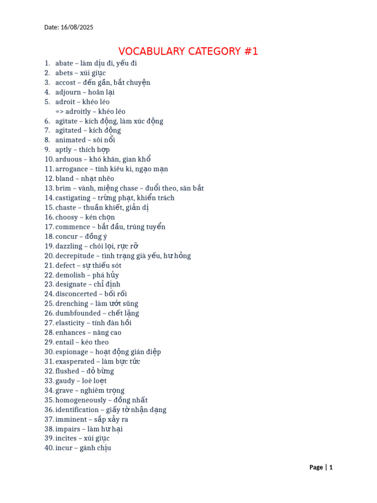 Vocabulary Category 1 | PDF