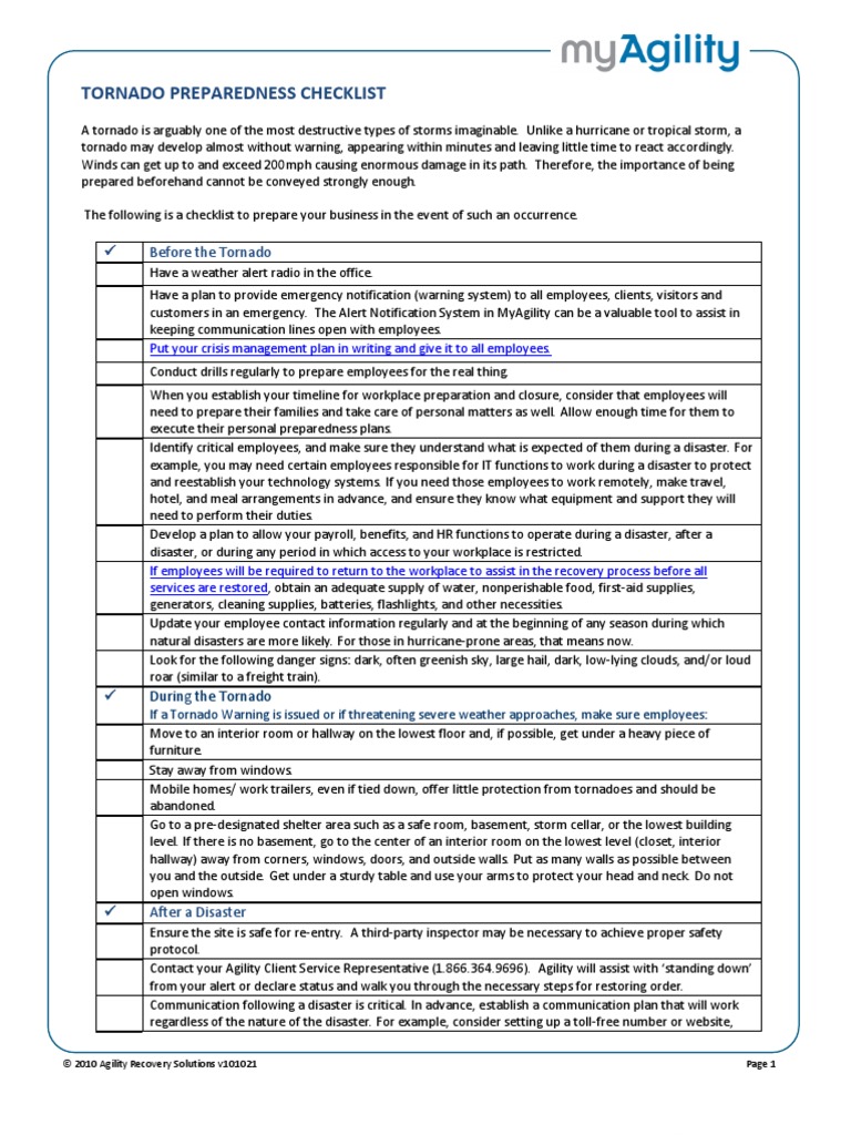 Tornado Preparedness Checklist | PDF | Meteorological Phenomena | Wound