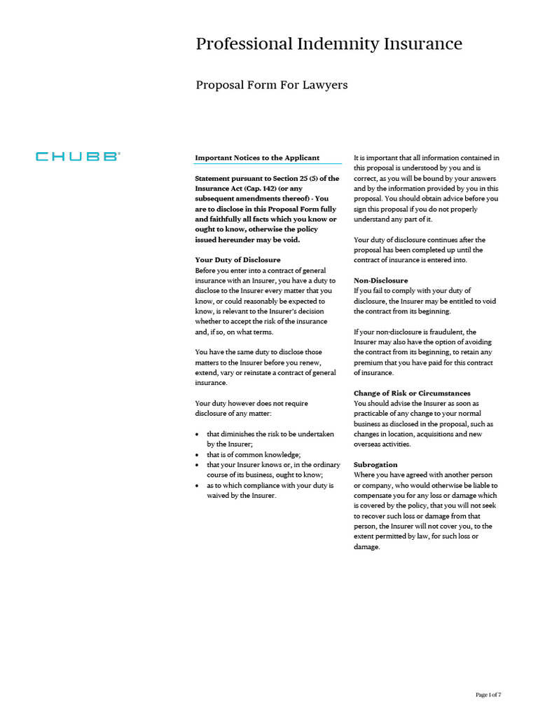 Chubb Professional Indemnity Proposal Form | PDF | Insurance | Indemnity