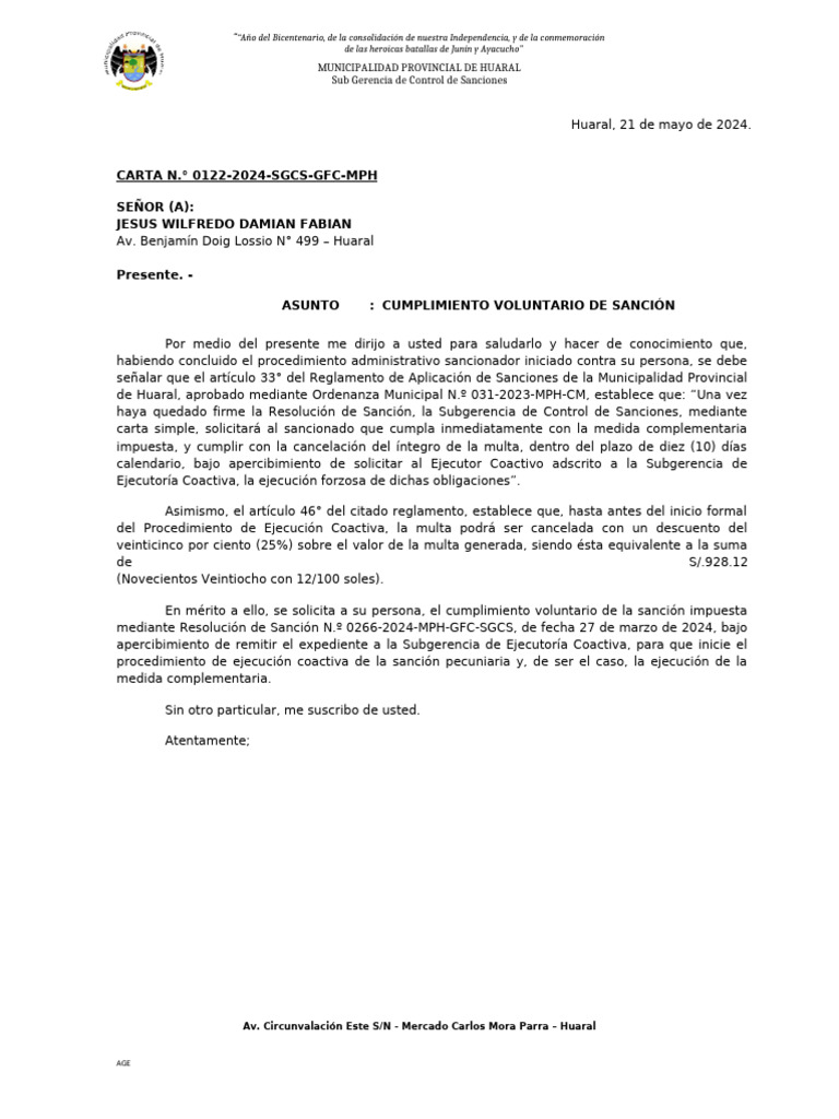 Carta 122 - Jesus Wilfredo Damian Fabian | PDF