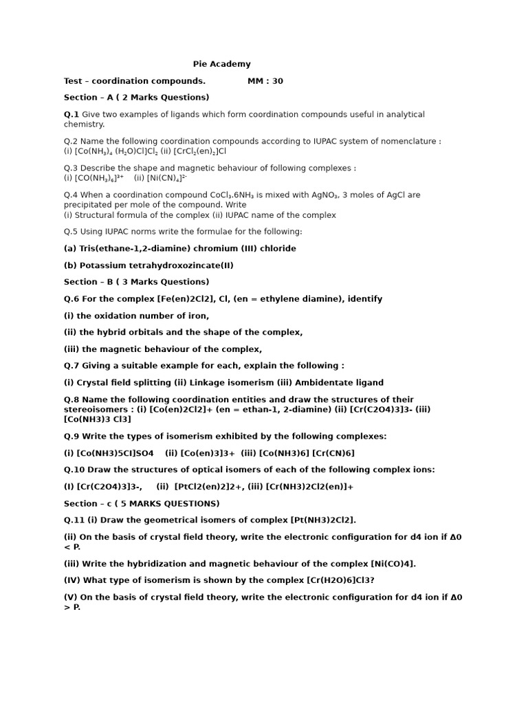 Coordination Compounds Test 2 | PDF