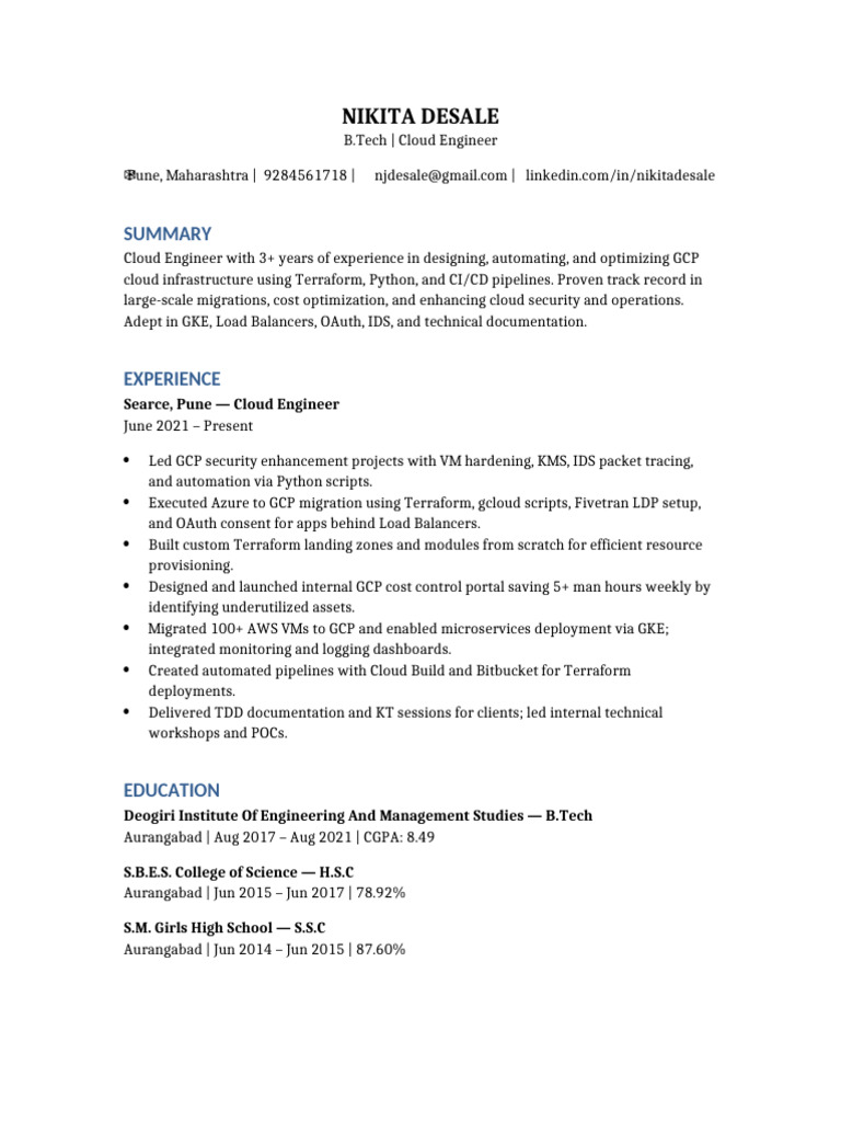 Cloud Engineer Resume: GCP Expertise | PDF