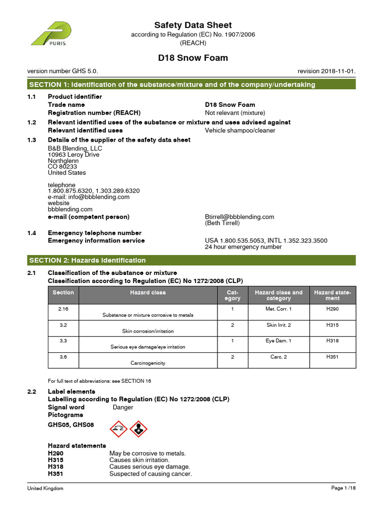 SDS D18 Snow Foam GB en | PDF | Dangerous Goods | Toxicity