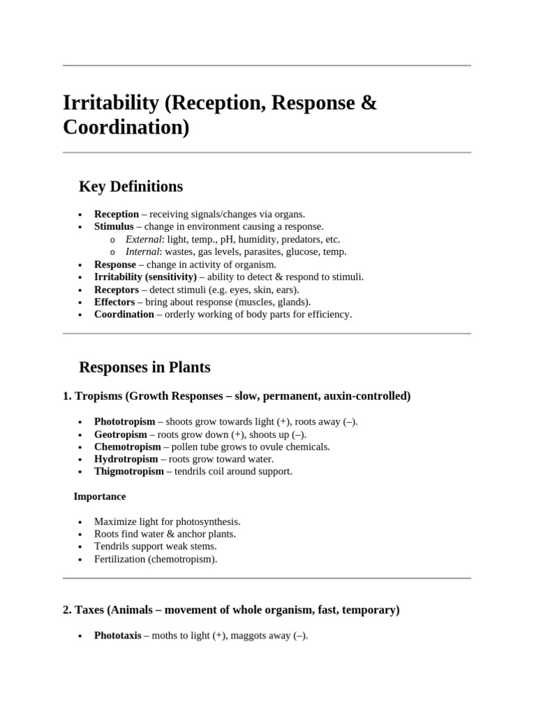 Irritability (Reception, Response & Coordination) | PDF | Central ...