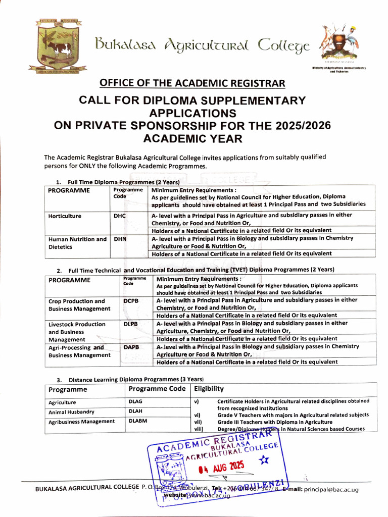 Bukalasa Agricultural College Admissions 2025 | PDF | Diploma ...