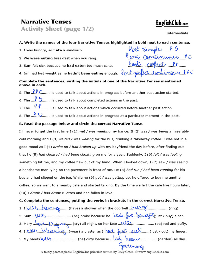Narrative Tenses Practice Worksheet | PDF
