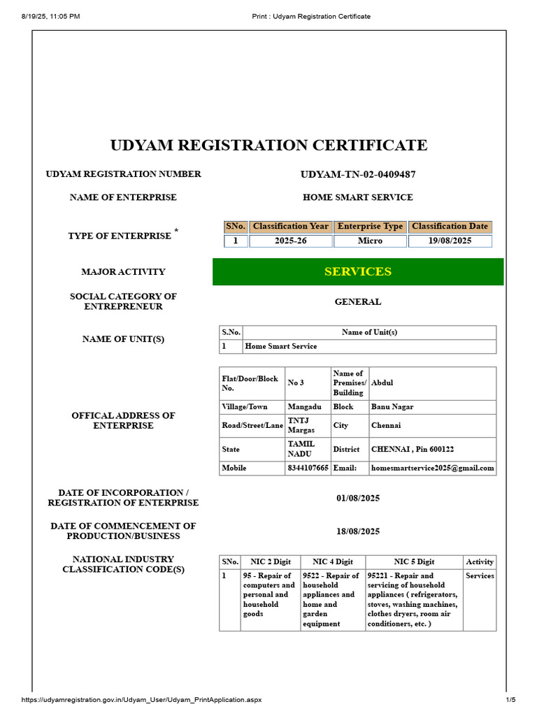 Udyam Registration Certificate | PDF | Home Appliance